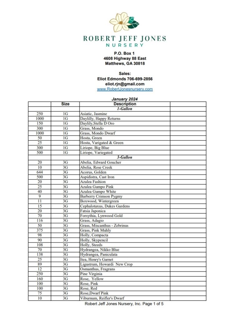 Plant Material List - Robert Jones Nursery